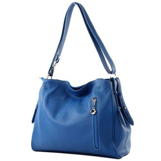 modamoda.de T119 / T220 Damen Leder Schultertasche Umh&auml;ngetasche 2 Gr&ouml;&szlig;en handmade in Italy, Farbe:Blau