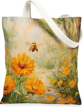 Generic Sac fourre-tout en toile de calendula printanier pour le shopping, 33 x 38 cm, motif for&ecirc;t, fleurs, abeilles, sac d&eacute;picerie r&eacute;utilisable pour femme, p