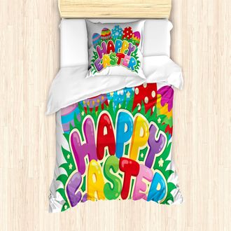 Abakuhaus Ostern Bettbezug Set für Einzelbetten, Cartoon Zier Eier, Milbensicher Allergiker geeignet mit Kissenbezug, 135 cm x 200 cm - 80 x 80 cm, Mehrfarbig