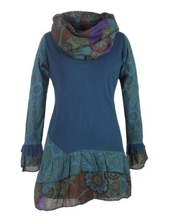 vishes Midikleid Langarm Mandala R&uuml;schen-Kleid mit Kapuzenschal Elfen, Boho, Goa Hippie Style