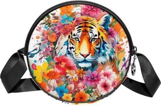Generic Petit sac &agrave; bandouli&egrave;re rond pour femme, motif fleurs de tigre, sac &agrave; dos &agrave; bandouli&egrave;re r&eacute;glable avec fermeture &eacute;clair, sac &agrave; main rond d&eacute;contract&eacute; po