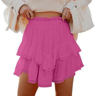 Generic Jupe pour femme double couche avec volants, tendance, couleur unie, dentelle, taille &eacute;lastique, jupes de danse, Rose, XXL