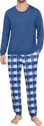 Ekouaer Herren Schlafanzug Lang Pyjama Herren Lang Langarm Nachtwäsche Karierte Schlaf Hose Männer Zweiteiliger Sleepwear Nightwear Set mit Bündchen und Tasch