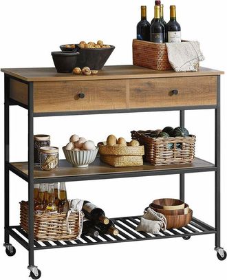 SoBuy Desserte de Cuisine à Roulettes Chariot de Service Style Industriel avec 2 Tiroirs et 2 Étagères, Plan de Travail Bois, 100 x 45 x 93 cm, FKW112-PF
