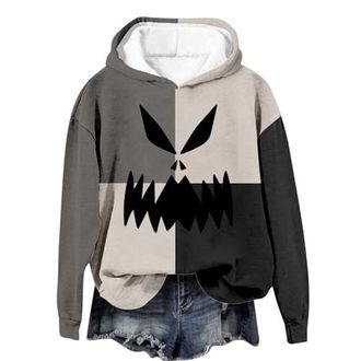 Generic Vestes pour femmes 2026 Pull &agrave; capuche color&eacute; avec imprim&eacute; visage dHalloween Veste polaire douce d&eacute;contract&eacute;e, gris, L