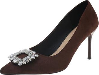 Generic Escarpins &agrave; talons hauts en velours et strass pour femme avec boucle et bout pointu, marron, 38.5 EU