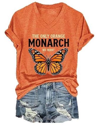 Generic T-shirt &agrave; manches courtes et col en V avec motif papillon &laquo; The Only Orange Monarch We Want &raquo; pour femme, Orange, XXL