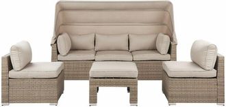 Beliani Lounge Set Braun Auflagen Beige mit Überdachung 5-teiliges Modular Polyrattan für Garten für Terrasse für Wintergarten