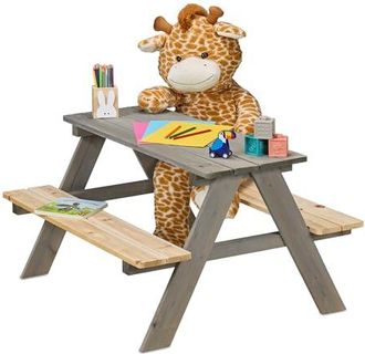 Relaxdays Kindersitzgarnitur Garten, Picknickbank, HBT: 51x90x78 cm, Kindersitzgruppe für 4 Kinder, Holz, grau/Natur
