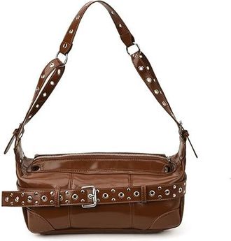 Generic Sac &agrave; main en cuir synth&eacute;tique avec rivets sous les bras et boucle de ceinture pour femme, travail, shopping, voyage, quotidien, marron, 13.58x5.71x5.