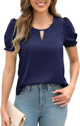 Zeagoo Chemisier Chiffon Femme à Manches Courtes Blouses Bleu Ample à Col Rond de Été Tunique Couleur Unie Top Hauts, XL
