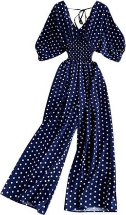 Minetom Combinaison Femme &Eacute;t&eacute; Manches Courtes Jumpsuit Col V Imprim&eacute; Romper Casual Pantalon &agrave; Large Jambe A1 Bleu Fonc&eacute; Taille unique
