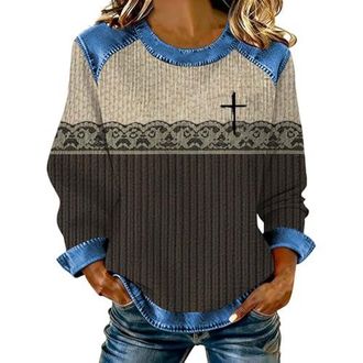 Generic Sweats chr&eacute;tiens pour femmes, religieuse, foi, J&eacute;sus, croix, graphique en denim, pull vintage en tricot gaufr&eacute;, patchwork, chemise surdimensionn&eacute;e &agrave; c