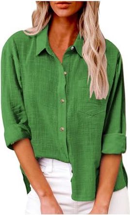 Generic Chemise d&eacute;t&eacute; boutonn&eacute;e en coton et lin &agrave; manches longues pour femme - Tunique d&eacute;contract&eacute;e et ample - Poche poitrine, Vert, 3XL