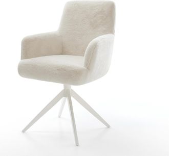 DELIFE Drehstuhl Heira-Flex mit Armlehnen Plüsch Creme-Weiß Kreuzgestell breit Weiß 360° drehbar Wippfunktion Taschenfederkern, Esszimmerstühle