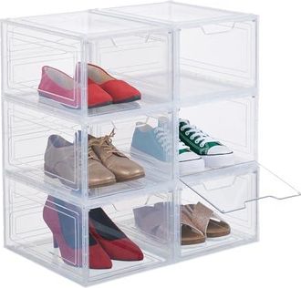 Relaxdays Schuhboxen 6er Set, mit T&uuml;r, Schuhorganizer, stapelbar, f&uuml;r Schuhe bis Gr&ouml;&szlig;e 50, Sneaker Boxen, transparent