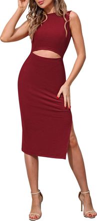 Pink Queen Damen Rundhals Kleid Ärmellos Ausschnitt Seitenschlitz Knielang Bodycon Schlank Midikleid Geschlitzt Rubin XS