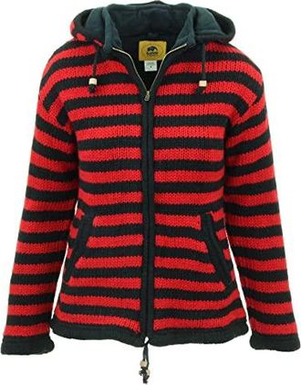 Loud Elephant Veste &agrave; capuche en laine tricot&eacute;e &agrave; la main pour femme Taille S-XXL Doublure chaude, Stripe Red Black, L