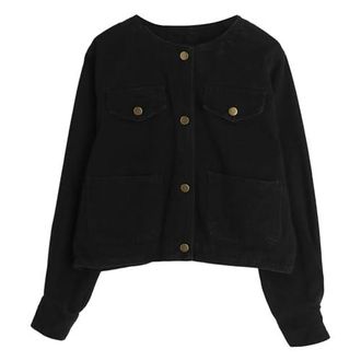 Generic Veste courte en jean sans col pour femme - Manches longues - Veste en jean pour camionneur, Noir, M