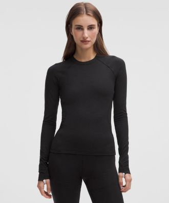 lululemon Baselayer-Pullover mit Rundhalsausschnitt aus einer f&uuml;r Frauen - Merinowollmischung - Gr&ouml;&szlig;e 2XS in Black/Light Ivory