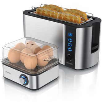 Arendo Arendo - 2-teiliges Fr&uuml;hst&uuml;cksset - 4-Scheiben Langschlitz Toaster, 8er Eierkocher, Silber