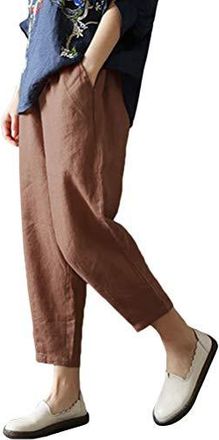 Onsoyours Femme Été Décontractée Coton Lin Ample Pantalon Léger Élastique Solide Couleur Pantacourt Sport Pants 7/8 Longueur Pants A Café X-Large