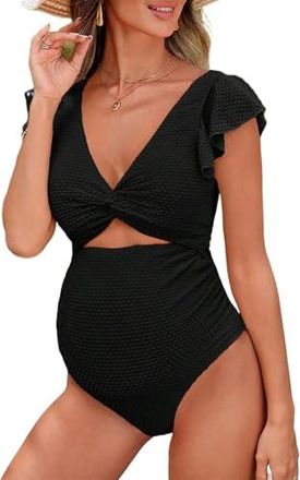 Feoya Maillot de Bain Grossesse col V Puffle Maillot de Bain de Maternité à la Mode Respirant Séchage Rapide Swimsuit Bikini de Plage pour la Maternité XL