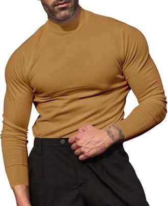Generic T-shirt homme et hiver allemand velours couleur unie t-shirt &agrave; manches longues base moulant demi-col hommes, marron, XXL