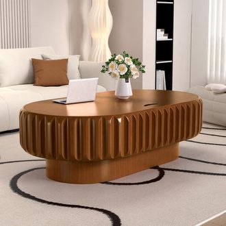 Generic Ovaler Couchtisch mit verstecktem Stauraum f&uuml;rs Wohnzimmer, ovaler Couchtisch im Mid-Century-Modern-Stil mit geriffelter Trommelform und stabilem Gest