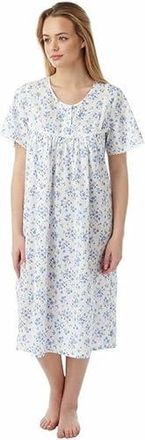 Reev&egrave; Chemise de nuit pour femme en coton imprim&eacute; floral manches courtes ouverture bouton sur le devant chemise de nuit pour femme avec dentelle - Rose Bleu