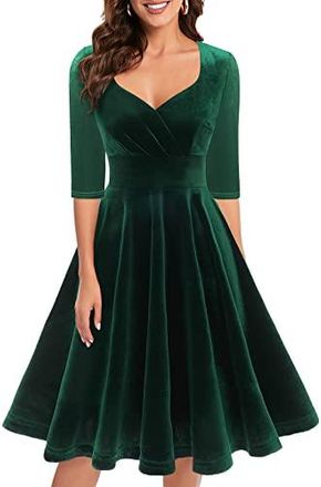 Bbonlinedress Robe de Noël Soirée Femme Chic Hiver Midi pour Réveillon Nouvel an Cocktail Mariage Bal Promo Col en V Manches Longue V-Dark Green XL