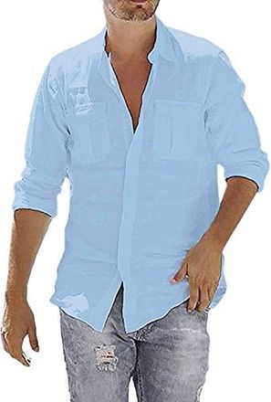 Generic Chemise en coton et lin pour homme Henley Gym Tops Solide Poche en lin Baggy Blouse Tops Manches T Chemises en coton Long Chemisier pour homme Tunique