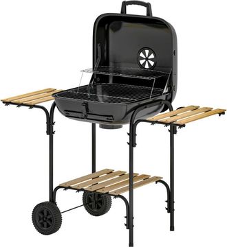 OUTSUNNY Barbecue charbon de bois avec couvercle 2 roues 3 &eacute;tag&egrave;res grilles acier chrom&eacute;e