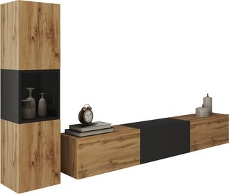 Mirjan24 Wohnwand Bentlor I, Mediawand, Schrankwand, im Set Vitrine, TV-Lowboard, Anbauwand kann aufgestellt BZW. aufgehängt Werden (Wotan Eiche + Schwarzer Gr