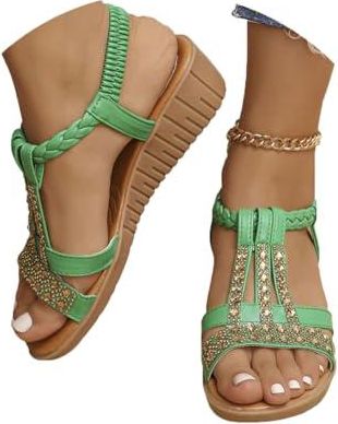 Onsoyours Sandale Femme Compensees Été Mode Élégance Mules Sandales Bout Ouvert Rome Strass Bride Cheville Chaussures Pour Plage Vacances B Vert 40 EU, XY210628