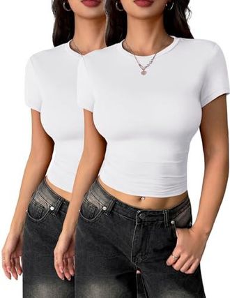 Zeagoo Lot de 2 Tee Shirt Femme Casual Slim Fit Manches Courtes Top Ete Doux et Confortables Uni Haut Col Rond Extensible T Shirts Blanc XS