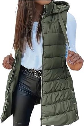 Generic Manteau gilet Long for femmes, veste rembourr&eacute;e de Style Parka sans manches, gilet long matelass&eacute; &eacute;pais for lautomne et lhiver(Military green,5XL)