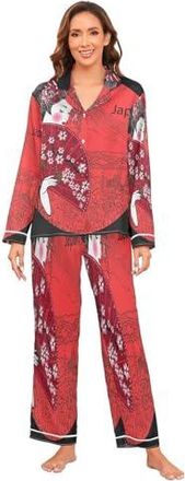 Mnsruu Pyjama japonais geisha rouge noir pour femme en satin &agrave; manches longues boutonn&eacute;, multicolore, Large-X-Large
