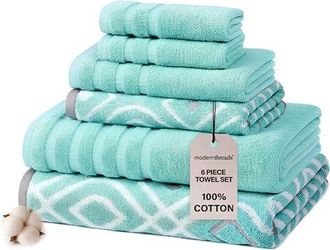 Modern Threads Amrapur 6-Piece Yarn Dyed Oxford Stripe Jacquard/Solid Ultra Soft 550GSM 100% Combed Cotton Towel Set Lot de 6 Serviettes en Fil Teint Aqua, 40,6 x 25