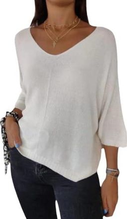 Minetom Shirt Manches 3/4 Femme Pull Col V Pullover Hauts Casual Lâche Chandail Tricot Tunique Chemise Tops B Blanc L