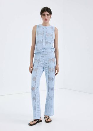 Mango Pantalon droit brod&eacute; ajour&eacute; bleu ciel - Femme - XS - MANGO