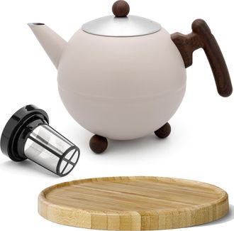 Bredemeijer gro&szlig;e beige Edelstahl Teekanne 1.2 Liter doppelwandig - sandfarbene isolierende Kanne mit braunem Holzuntersetzer & Teefilter-Sieb-Einsatz