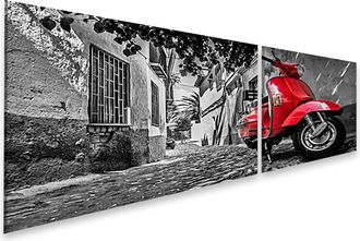 Islandburner Prime Bild auf Leinwand Rote Vespa in malerischer Kopfsteinpflastergasse Bilder Wandbilder Poster