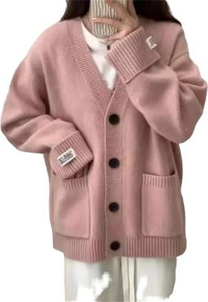 Generic Cardigan r&eacute;tro en tricot pour femme, style cor&eacute;en, avec poches plaqu&eacute;es, veste douce pour lhiver, Rose, taille unique