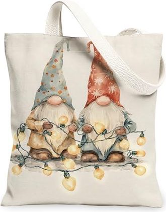 Generic Sacs fourre-tout en toile avec motif de nain de No&euml;l, sacs d&eacute;picerie r&eacute;utilisables, fantaisie, vintage, l&eacute;ger lavage, beige, 13x15 Inch