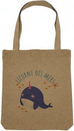 Fabulous Sac Shopping Tote Bag Aspect Lin - Licorne des Mers Narval Dessin Illustration Mignon - Sac de Courses Toile Epaisse 360g Beige Naturel Cabas Port&eacute; Ep