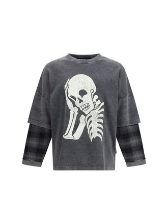 Palm Angels Mens Long-Sleeved Shirt Skull Double Black-Off-White Cotton Black/off-white