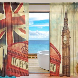 Alaza Durchsichtige Voile-Vorh&auml;nge, London-rote Telefonzelle Big Ben und die Union Jack-Flagge, Polyester-Stoff, Fenster-Netzvorhang f&uuml;r Schlafzimmer, Wohnz
