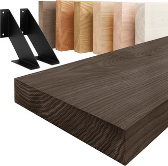 Lamofootwear Manufaktur Wandregal Holz Gerade | Regal Farbe: Schwarz | mit schwarzem Vintage Regalträger | 140 cm