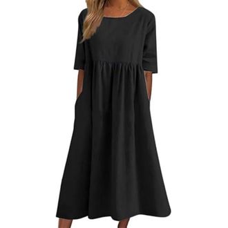 Generic Robe longue d&eacute;t&eacute; d&eacute;contract&eacute;e &agrave; manches mi-longues et col rond en lin avec poches pour femme, Noir, 5XL